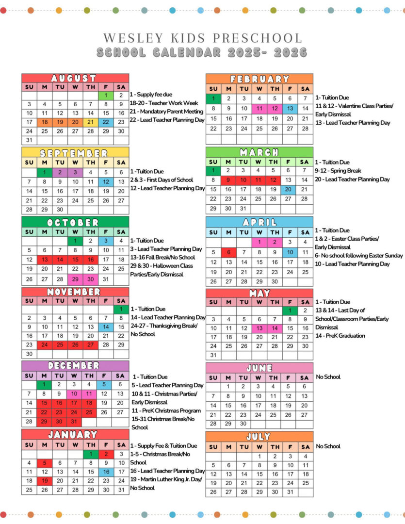 Preschool 2025-26 Calendar - Wesley United Methodist Church